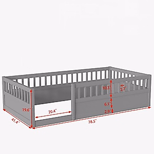LOPOO Twin Floor Bed Frame, Solid Wood Twin Bed Frame for Girls Boys Bedroom, Integral Bed with Security Barrier, Door, Children's Floor Bed Frame, Montessori Wooden Children's Floor Bed(Twin,Grey)