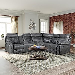 Eafurn Grain Leather Upholstery Manual Reclining Sectional Storage Console and Cup Holders,Symmetrical Motion Sofa & Corner Couch Living Room Furniture Set Home Theater Seating Movie Chair, Gray