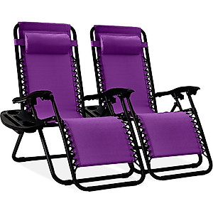 Best Choice Products Set of 2 Adjustable Steel Mesh Zero Gravity Lounge Chair Recliners w/Pillows and Cup Holder Trays - Amethyst Purple