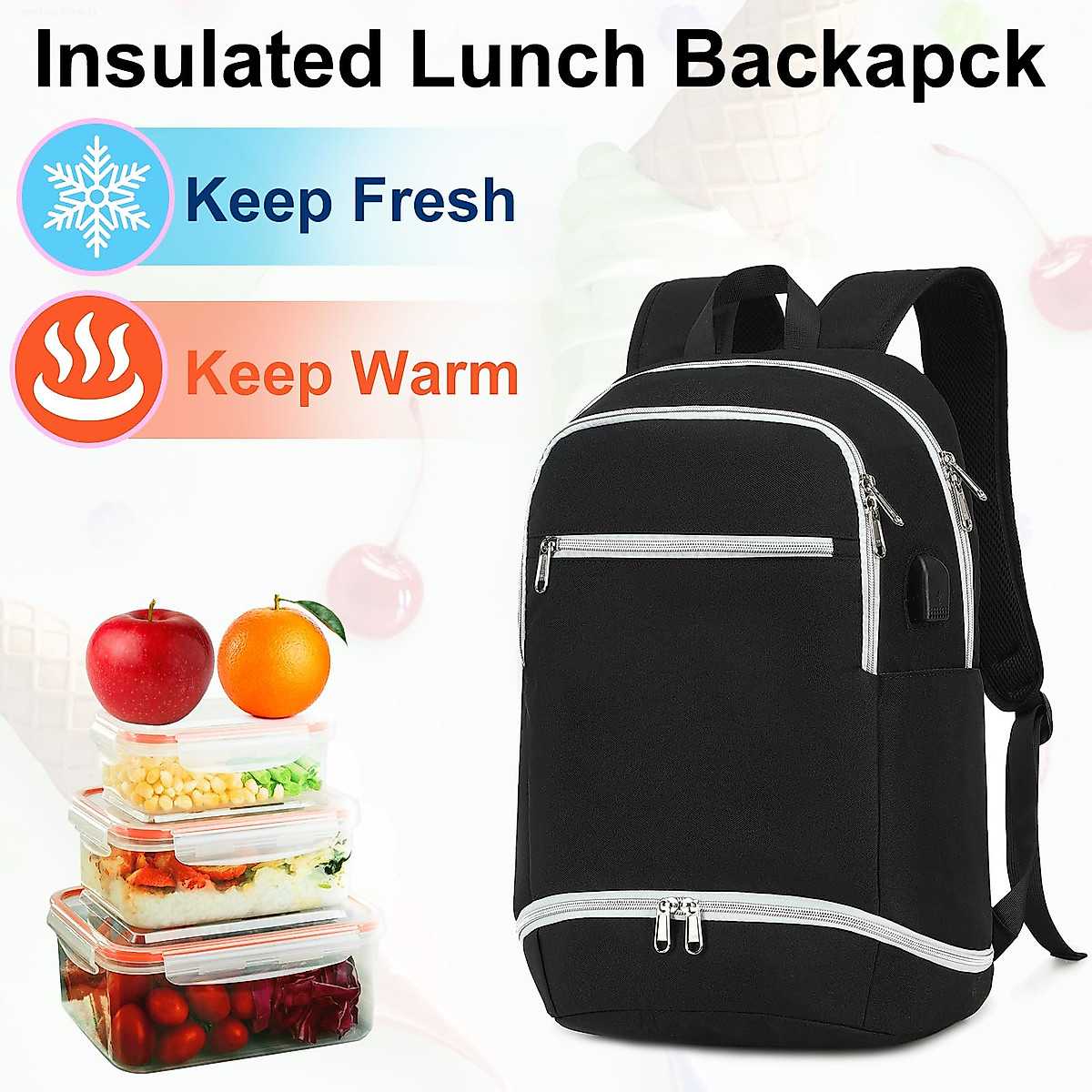 Laptop Backpack for Men Women Insulated Cooler Lunch Backpack 15.6 Work Computer Backpack with USB Port College Teacher(Black)