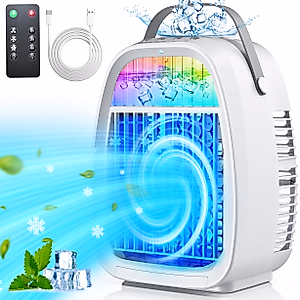 Portable Air Conditioners Fan,JYew Evaporative Mini Room Air Conditioners,Portable AC Unit Air Cooler with 4 in 1 Humidifier Fan Conditioner RGB Light, 3 Speed AC Portable for Room Car Office (White)