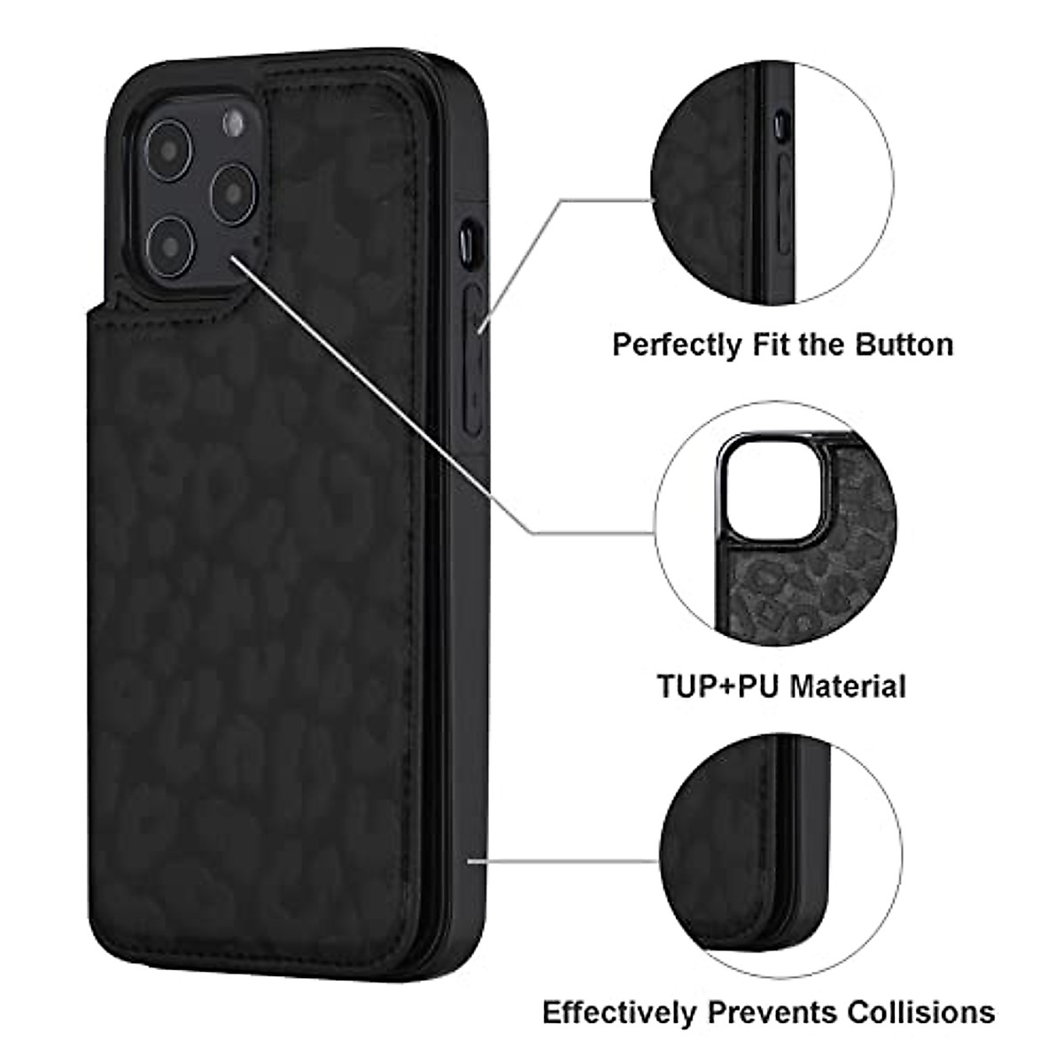 MicrKindom Flip Leather Wallet Case for iPhone 12 Pro/12 - Card Holder Kickstand Phone Case for Women, Personalized Picture Text Double Magnetic Buttons Shockproof Case (Black Leopard - All Black)