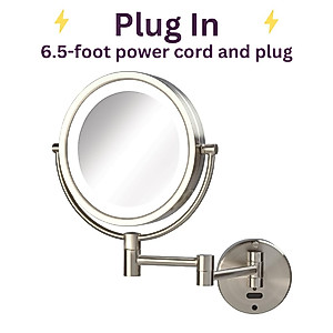 JERDON Sharper Image Wall-Mounted Lighted Sensor Makeup Mirror - Two-Sided Makeup Mirror with 8X Magnification & Swivel Design - 8.5-Inch Diameter Mirror in Nickel Finish - Model JRT9500NL