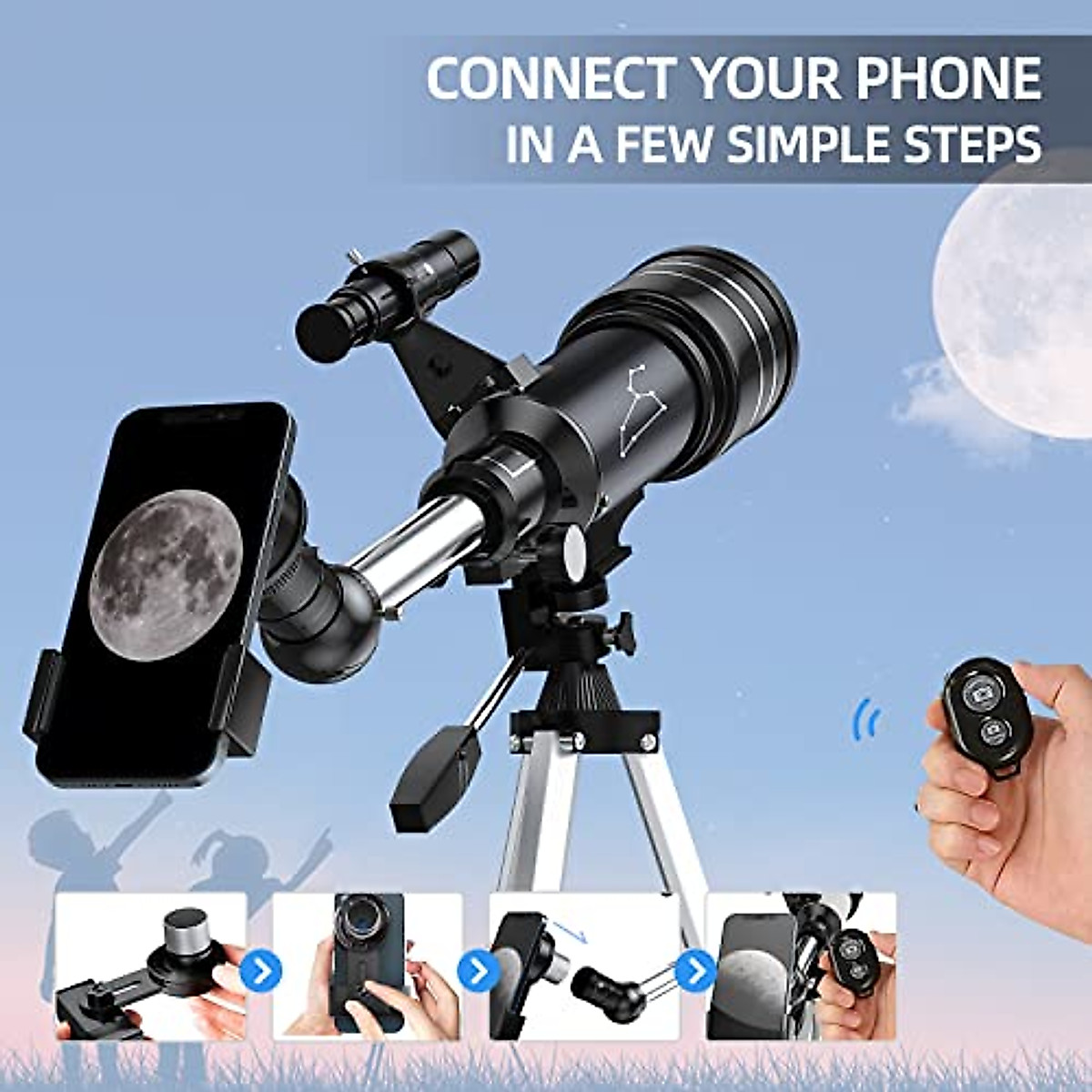 Telescope 70mm Aperture 400mm - for Adults & Kids, Refracting Portable Telescopes for Adults Astronomy Beginners Telescope with Tripod, Phone Adapter, Wireless Remote, Carrying Bag Black
