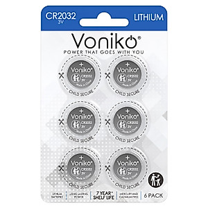 Voniko 3 Volt CR2032 Battery 6 Pack – Lithium Batteries – 2032 Button Battery Flat – 7 Years Shelf Life
