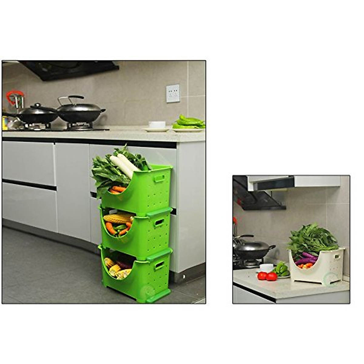 Basicwise Stackable Plastic Storage Container, Green Stacking Bins