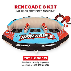 Airhead AHRE-503 Renegade Big 3 Person Inflatable Towable Water Tube Seat Rider Boating Tubing Kit with Boat Pull Rope and Pump for Kids and Adults