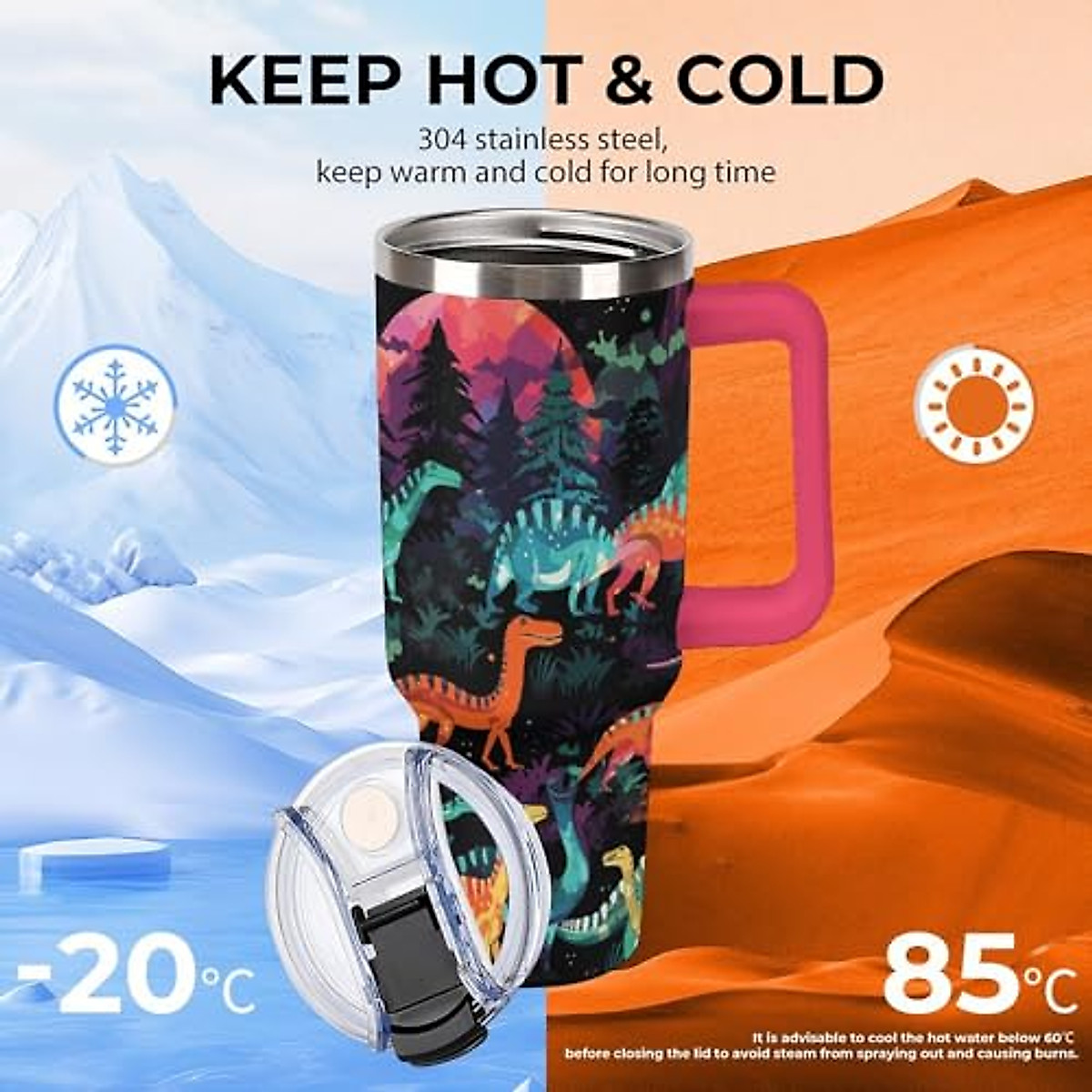 LLUTSNTH 40 Oz Vacuum Tumbler with Light Rose Red Handle Leakproof Insulated Tumbler Colorful Dinosaurs Stainless Steel Travel Mug with Lid And Straw Coffee Cup Cute Water Bottles Cup Holder Friendly