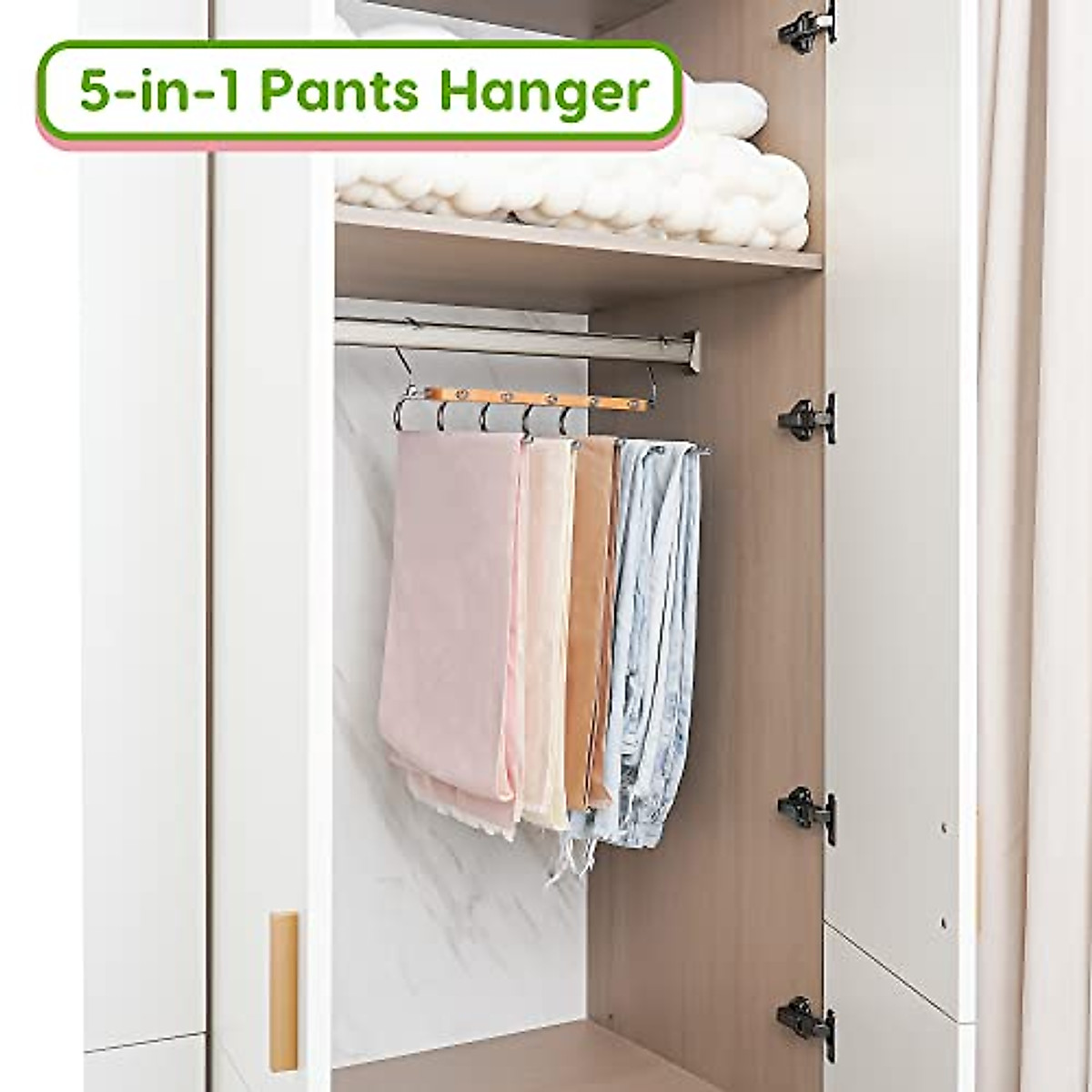 Unjumbly 2 Pack Magic Pants Hangers - Space Saving Hanging Closet Organizer for Trousers, Jeans, Leggings, Skirts, Scarves, Stainless Steel Wooden Hangers
