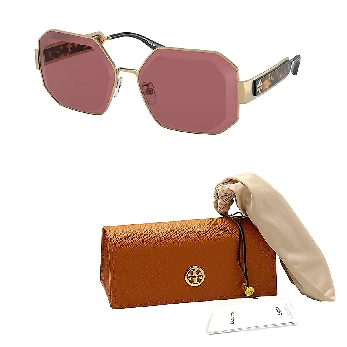 Tory Burch TY6094 330475 60MM Shiny Gold/Plastic Lens Solid Bordeaux Metal Hexagon Sunglasses for Women + BUNDLE With Designer iWear Eyewear Kit