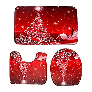 WREWING Anti Slip Bath Mats for Bathroom, Red Christmas Tree Bath Mat Set of 3 Bathroom Rugs/Contour Mat/Toilet Cover, Flannel PVC Bathroom Rugs Set for Christmas Bathroom Decor