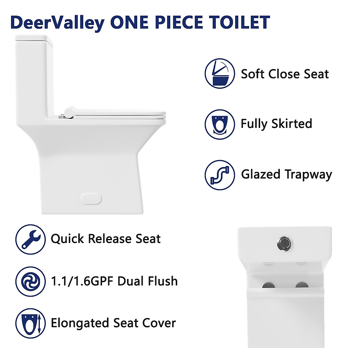 DeerValley Elongated One Piece Toilet, DV-1F0072-1 Square Compact Toilets for Bathrooms, Dual Flush 1/1.6 GPF and MaP 1000g, 12'' Rough-In Chair Height 16.93" Ceramic White Toilet With Soft Close Seat