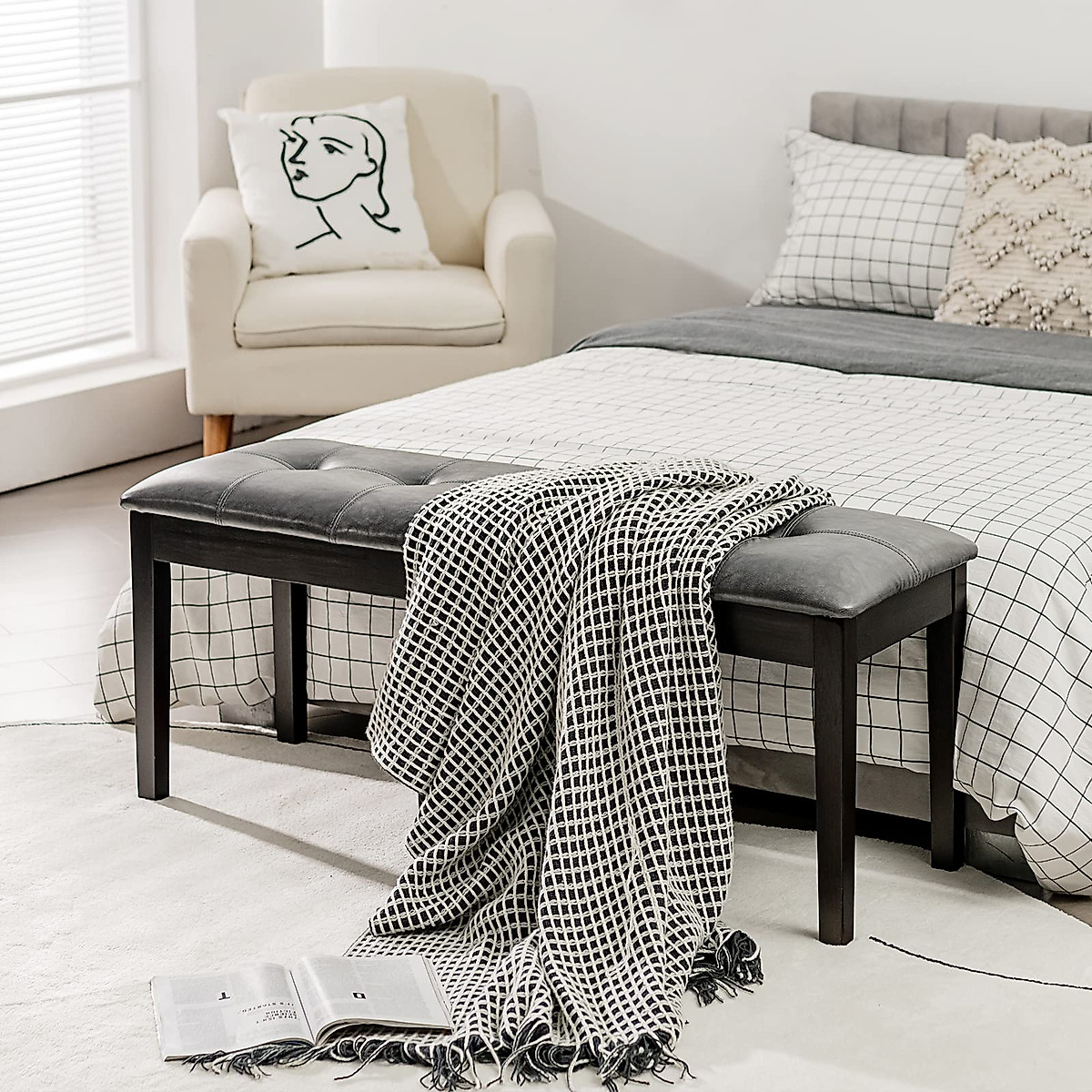 GORELAX Upholstered Dining Bench Seat with PU Leather, Button-Tufted Ottoman Accent Bench w/Rubber Wood Legs, End of Bed Bench for Bedroom, Entryway Bench for Living Room, Hallway (Grey)