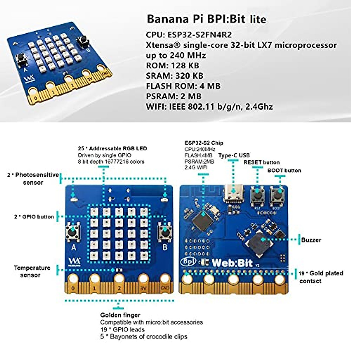 Banana Pi BPI:bit V2 Lite Webduino and arduino Board with EPS32-S2 for STEAM Education Similar microbit (with Acrylic case)