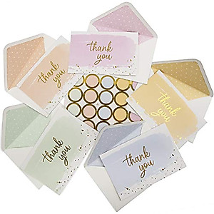 100 Watercolor & Gold Foil Thank You Cards w/Envelopes & Stickers, Bulk Boxed Set Assortment of Modern & Pretty Pastel Rainbow Notes, Assorted Unique & Elegant Cards Pack for Wedding/Baby Shower