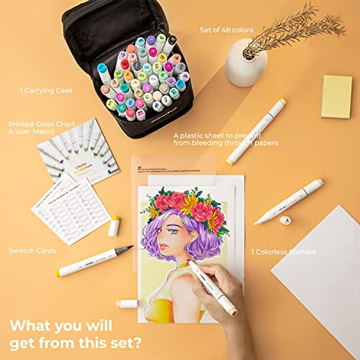 Ohuhu Alcohol Markers Brush Tip: Double Tipped Art Marker Set for Artist Adults Coloring Sketching Drawing Alcohol-based Ink - Brush Chisel Dual Tips - Honolulu - 48 Colors w/ 1 Blender and Case