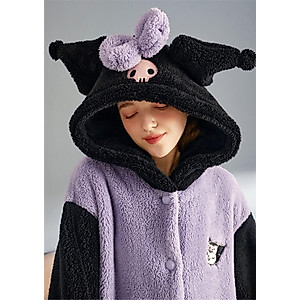 Akedimo Kawaii Anime Kuromi Winter Plush Thick Flannel Pajamas Soft Warm Comfortable Robe (Large)