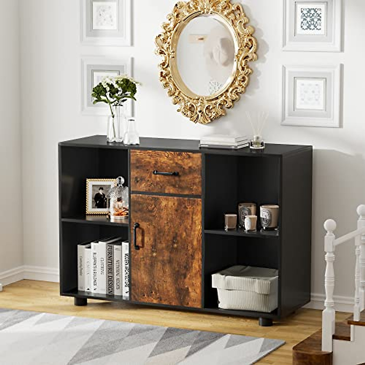 JUMMICO Storage Cabinet with Doors and Shelves Floor Cabinet Sideboard with Solid Wood Top Accent Cabinet for Living Room, Dining Room and Hallway