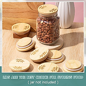 Beeveer 8 Pcs Regular Mouth Lids for Mason Jars 2.76'' Wooden Lids Leaf Pattern Storage Lids Reusable Yogurt Canning Jar Lids with Airtight Silicone Sealing Rings Round Canning Lids for Food Storage