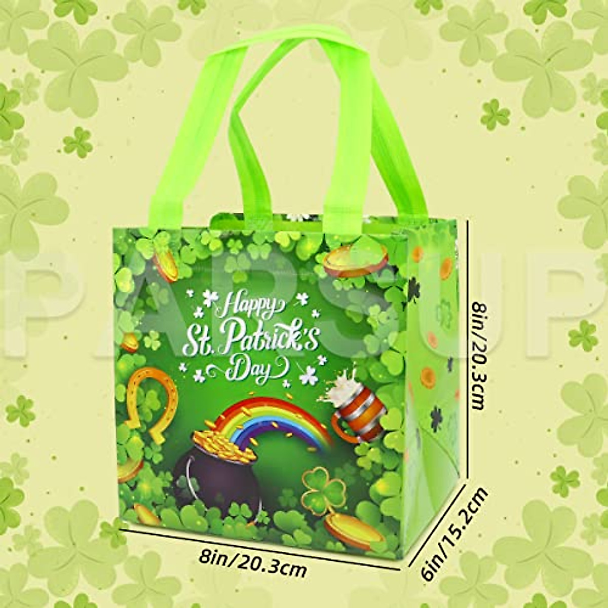 PARSUP 8PCS St Patricks Day Reusable Gift Bags, Irish Treat Bags with Handles, Saint Patrick's Day Party Bags, Multifunctional Non-Woven Bags for Gifts Wrapping, Irish Party Supplies, 8"×8"×6"