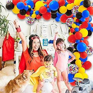 Superhero Party Supplies-110pcs Black Blue Red Yellow Confetti Latex Balloons Garland Kit for Avengers Birthday Boys Girls Baby shower Party Decoration