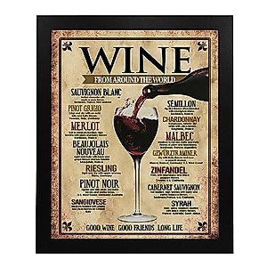 Wine From Around the World- Vintage Bar Wall Decor Sign, Typographic Wall Art Wine Glass & Bottle Photo Print. Perfect For Kitchen Decor, Dining Room Decor. Great Gift for Wine Lovers! Unframed-11x14"