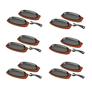 JapanBargain 1809, Set of 2 Sizzling Steak Plates with Wooden Base Cast Iron Fajita Skillet Server Plate for Home or Restaurant Use, Induction Cookware, 6 Set