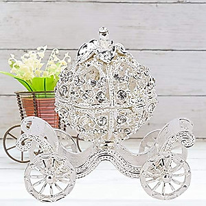 Rhinestone Decorated Pumpkin Carriage, Pumpkin Carriage Trinket Box with Metal Ring Jewelry Holder for Tabletop Decoration