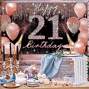 Happy 21st Birthday Backdrop Banner, 21st Birthday Decoration for Her Rose Gold, 21 Year Old Birthday Party Yard Sign Photo Booth Props Background Poster, 21 Bday Decor, Fabric, PHXEY