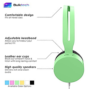 Bulktech 728 Stereo Headset for Kids, Children and Teens - Tangle-Free Wired Cord On-Ear Headphones with 3.5mm Jack for Smartphones, Tablets, School, Kindle, Airplane Travel - 1 Pack Green