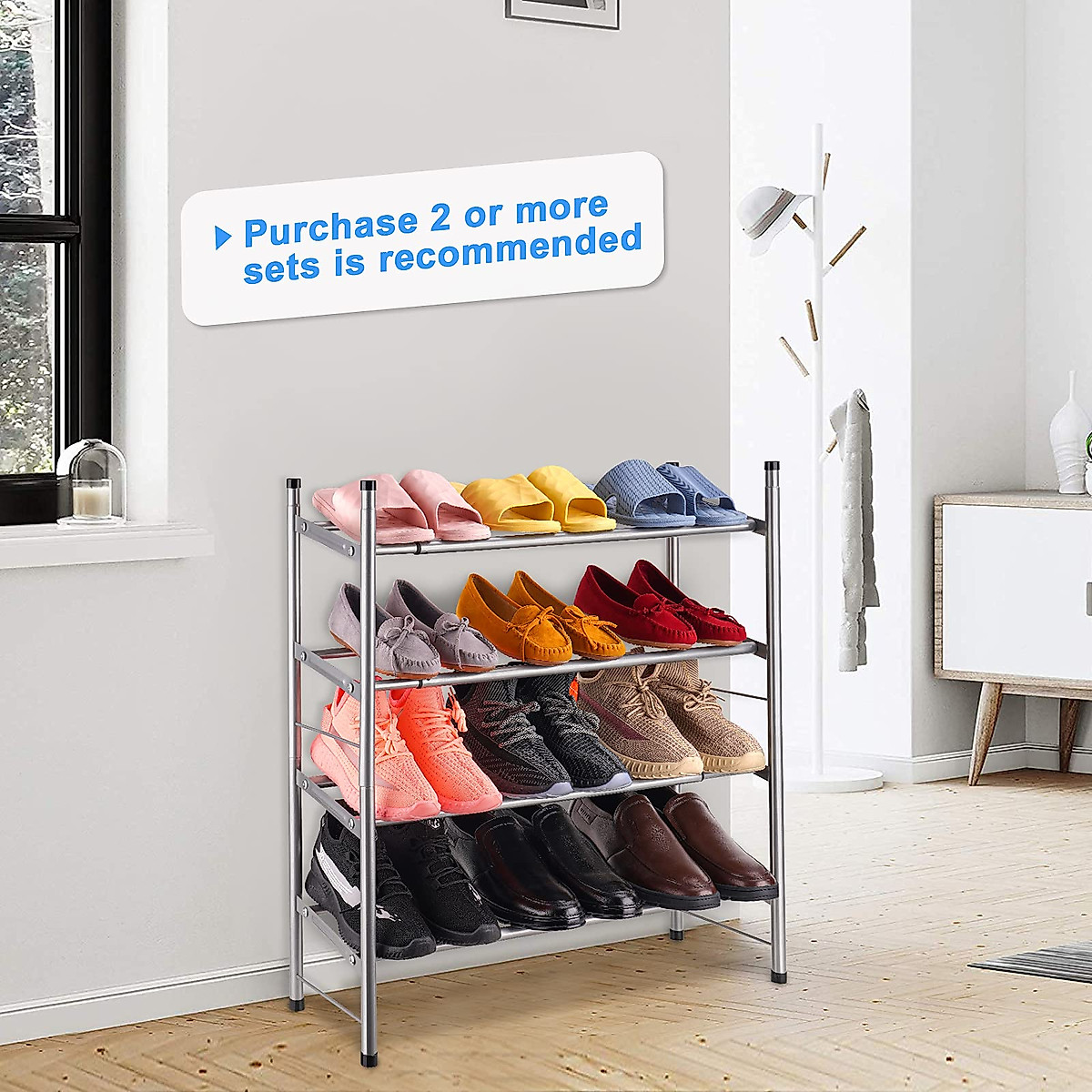 NiHome 2-Tier Expandable Shoe Rack - Lightweight, Stackable and Space-Saving Metal Organizer for 6-10 Pairs of Shoes - Ideal for Closet, Hallway, Entryway, Living Room, Bedroom (Silver)