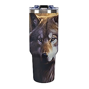 40 Oz Vacuum Tumbler with Deep Blue Handle Leakproof Insulated Tumbler Wolves And Dream Catchers Stainless Steel Travel Mug with Lid And Straw Coffee Cup Cute Water Bottles Cup Holder Friendly