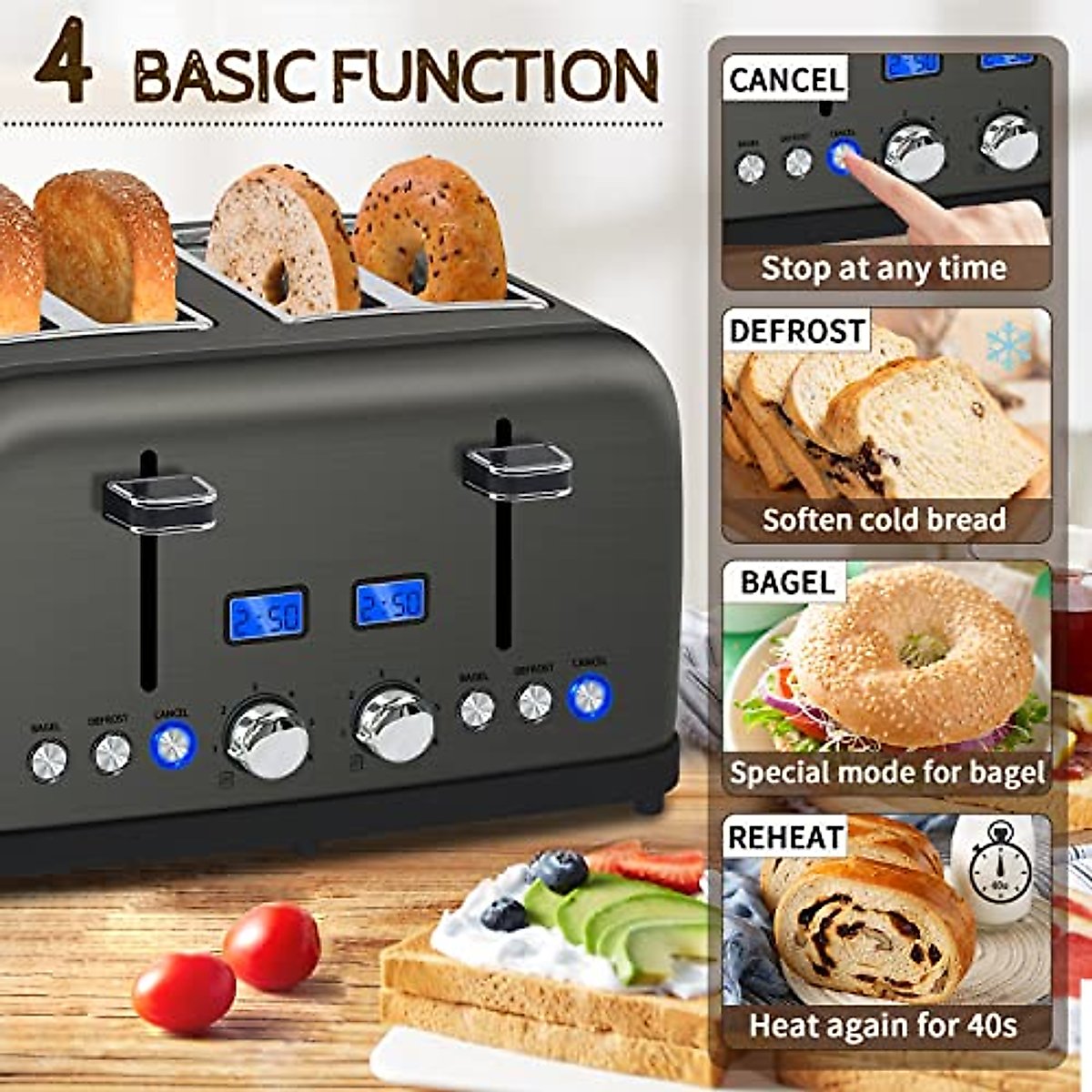 SEEDEEM Toaster 4 Slice, Bread Toaster with LCD Display, 6 Shade Settings Stainless Toaster, 1.5'' Wide Slots, Digital Toaster for Bagel, Defrost, Reheat, Dual Control, Removable Crumb Tray, 1500W, Dark Metallic