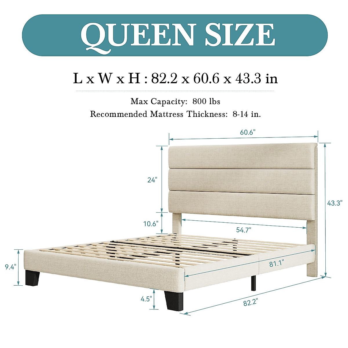 HOOMIC Queen Size Bed Frame with Headboard, Fabric Upholstered Platform Bed with Strong Wood Slats Support, Mattress Foundation, No Box Spring Needed, Beige