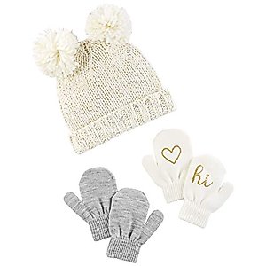 Simple Joys by Carter's Baby Hat and Mitten Set, Gold Glitter Print/Grey/Ivory, 12-24 Months
