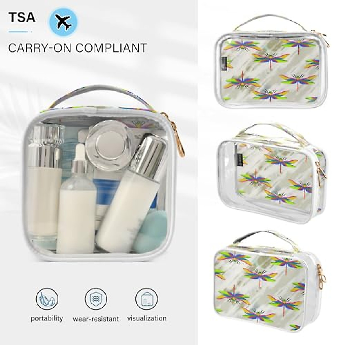 senya Clear Toiletry Bag,Travel Makeup Cosmetic Bag Carry on Airport Airline Compliant Bag Colorful Fluorescent Dragonfly for Women Men