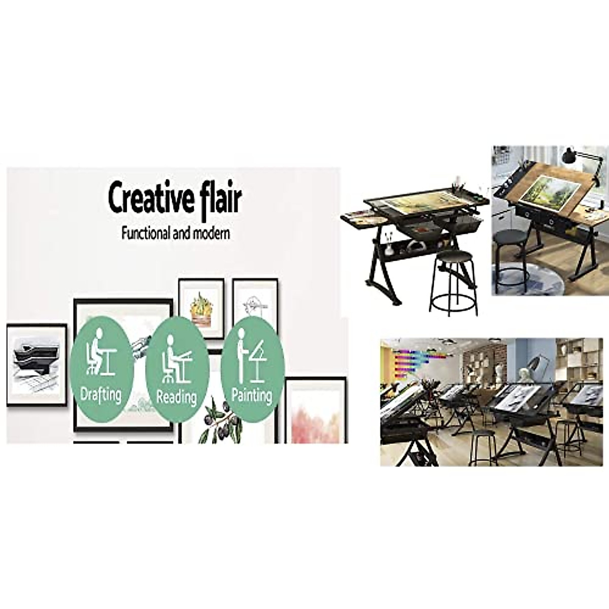 Landpink Glass Drafting Table Art Desk – Adjustable Professhional Artwork Drawing Drafting Table Desk, Glass-Topped Art Table for Craft Station Studio Home Office School w/Drawers/Chair – Black