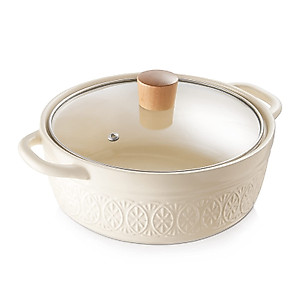 LIFVER Casserole Dish with Lid, 2.3 Quart Ceramic Roasting Pan, Farmhouse Bakeware with Cover, Round Cookware Bakeware, Microwave, Oven, Fridge and Dishwasher Safe, Off White