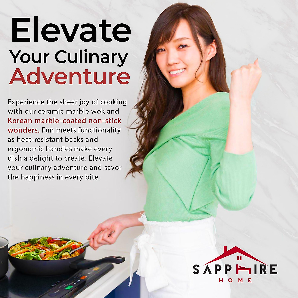 HOME N KITCHENWARE Nonstick Ceramic Wok, Frying Pan - Premium 9-Layered Cookware, Korean Marble-Coated - Easy to Clean Cast Aluminum - Induction Ready for Saute, Stir-Fry, Eggs, Fried Rice 8-Inch