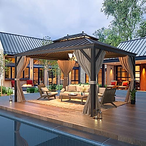 EROMMY 10'x12' Hardtop Gazebo Double Roof Galvanized Steel Canopy Outdoor Aluminum Frame Permanent Metal Pavilion with Netting and Curtains for Patio Backyard Deck and Lawns