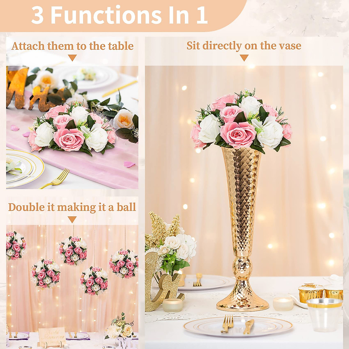NUPTIO Pcs of 10 Fake Flower Ball Arrangement Bouquet,15 Heads Plastic Roses with Base, Suitable for Our Store's Wedding Centerpiece Flower Rack for Parties Valentine's Day Home Décor (Pink & White)