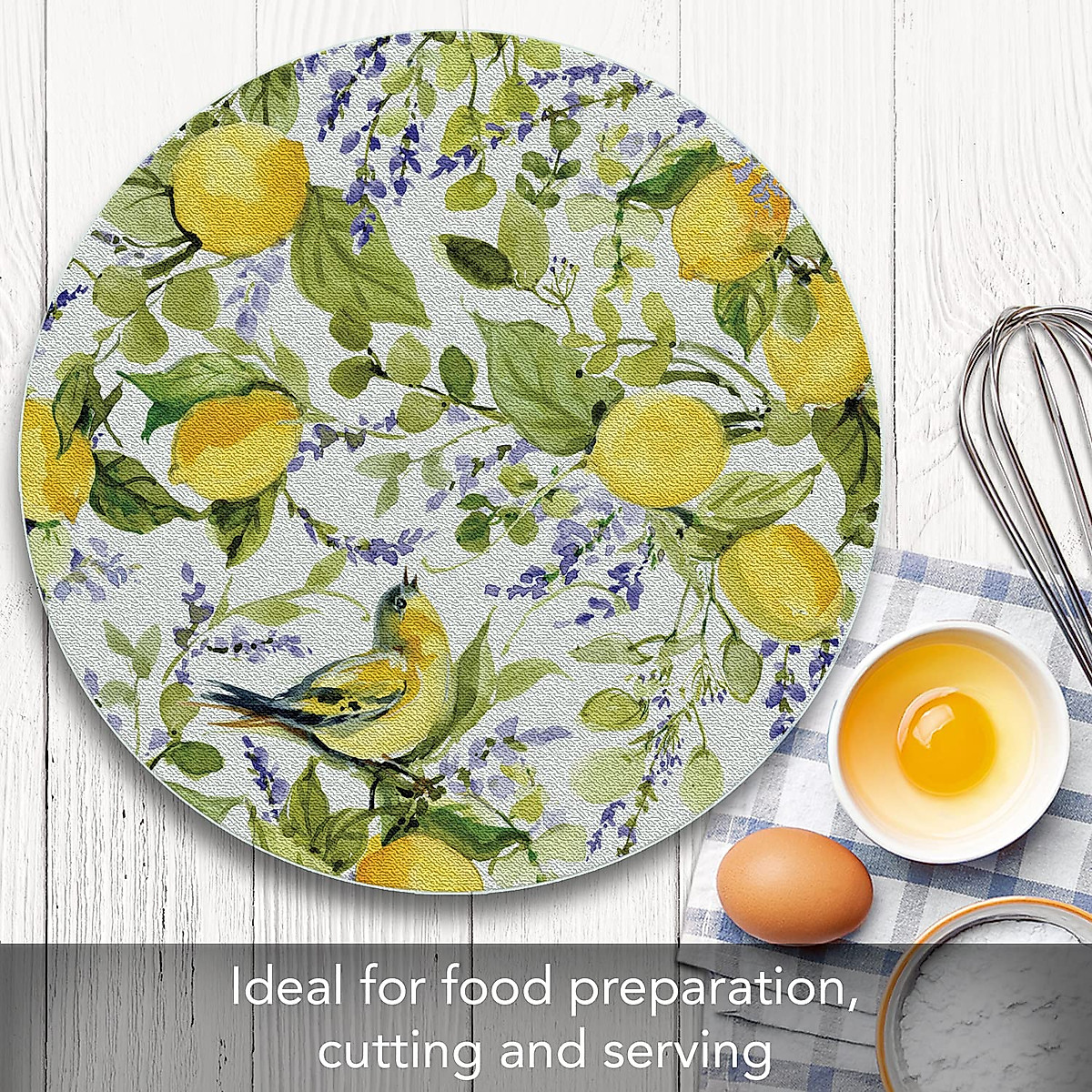 CounterArt Watercolor Lemons 4mm Heat Tolerant Round Tempered Glass Cutting Board 16" Round Manufactured in the USA Food Preparation Board, Cake Plate, Pizza Stand