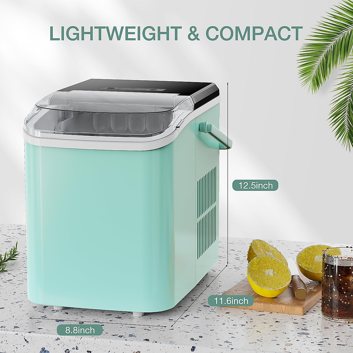 SMUG Countertop Ice Maker, 9 Cubes in 6 Mins, 26lbs in 24Hrs, 2 Sizes of Bullet Ice, Auto-Cleaning, Portable Ice Machine with Handle, Basket and Scoop for Home Kitchen, Party and Camping (Green)
