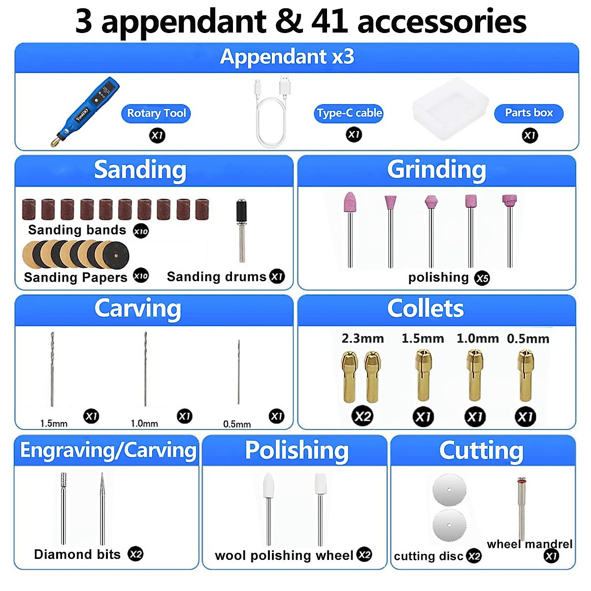 Mini Cordless Rotary, mini drill,3-Speed 3.7V rechargeable Kit with 41 Accessories, 16000rpm Multi-Purpose Power Tool for Sanding, Polishing, Grinding, Drilling, Engraving, DIY Crafts (Blue)