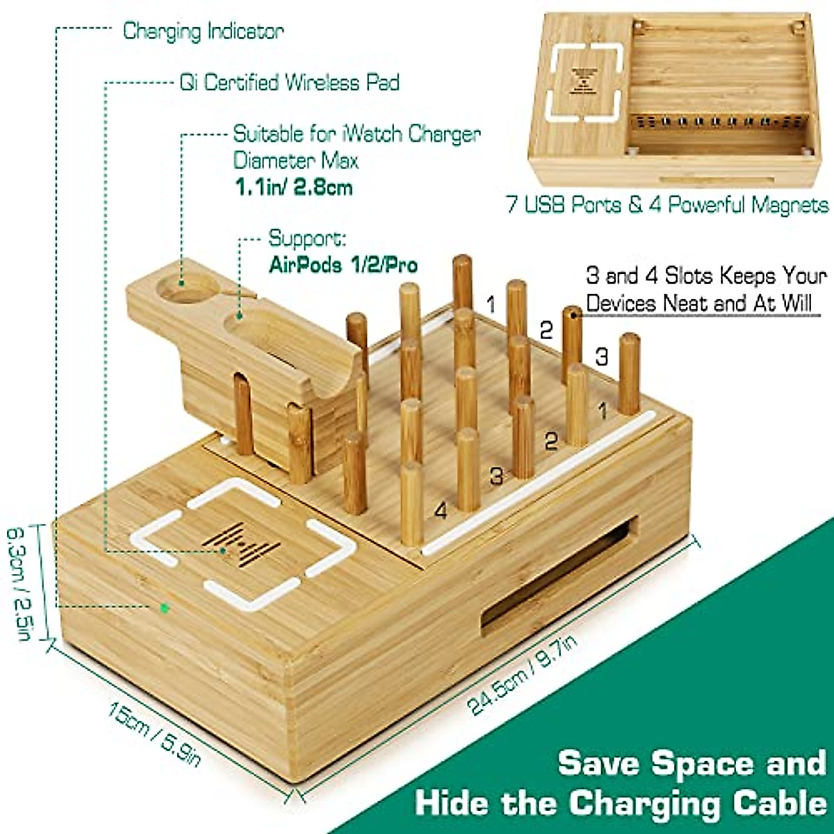 Bamboo Charging Station for Multiple Devices - Darfoo Docking Station Organizer, 1 Qi-Certified Fast Wireless Charger, and 7 USB Charging Ports Compatible with Cellphone, Smart Watch, Earbuds, Tablet
