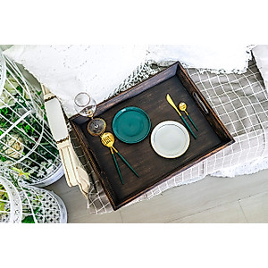 EZDC Extra Large Ottoman Tray, Coffee Table Tray, Wooden Tray Dark Brown 20 x 15.5” Modern Esthetic Decorative Serving Tray with Handles for Drinks and Food