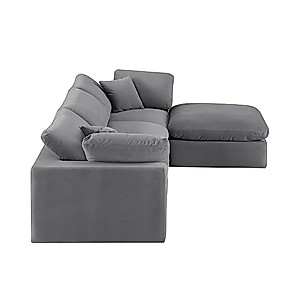 Meridian Furniture 189Grey-Sec4A Comfy Collection Modern | Contemporary Upholstered Modular Sectional, Soft Grey Velvet, Down Feather Cushions, 119" W x 79" D x 34.5" H, Grey