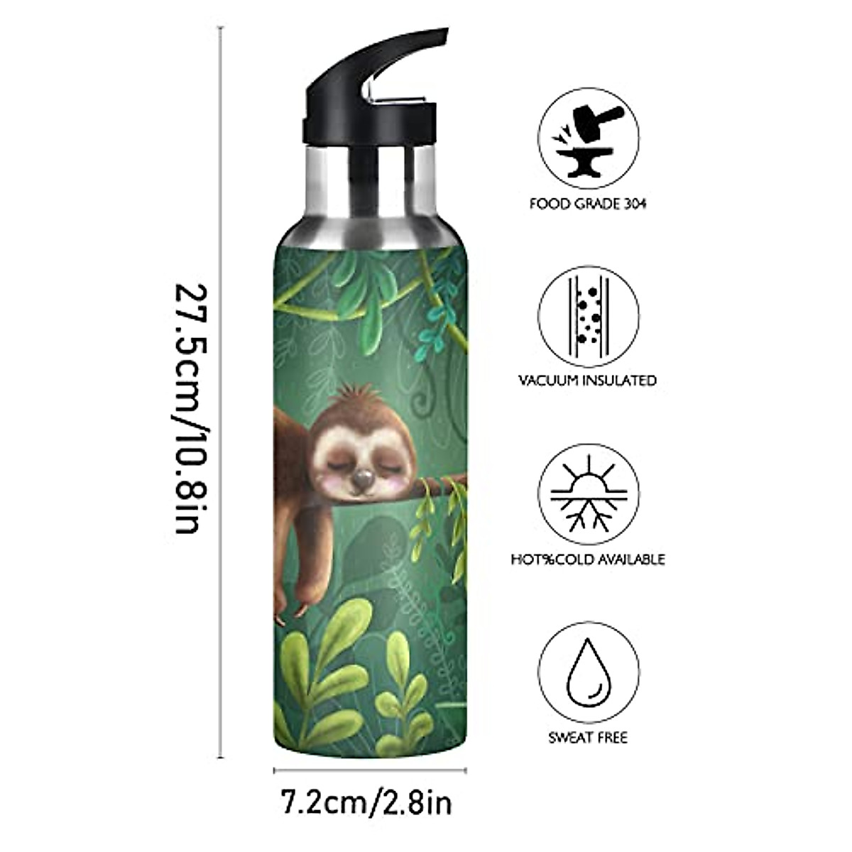 xigua Sloth Water Bottle with Straw Lid Vacuum Insulated Stainless Steel Thermo Flask for Sports Cycling Hiking School Home,20 oz.
