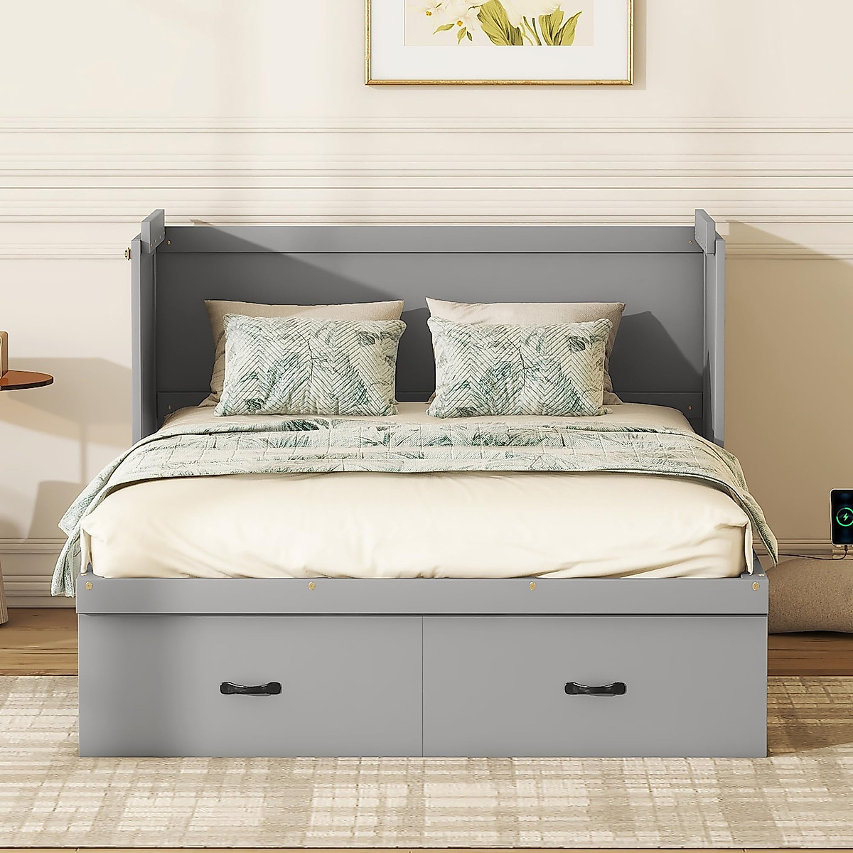 Full Size Murphy Bed and Storage Drawers and USB Port, Space-Saving Wall Bed with Storage,Murphy Bed for Living Room