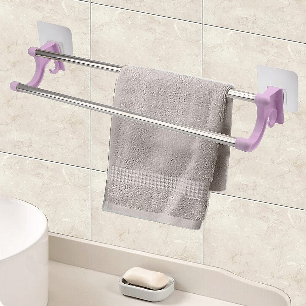 Yulhao Bar Counter Bathroom Kitchen Rack Double Towel Rack, Household Storage Stainless Steel Door Cabinet Rack (Color : Purple)
